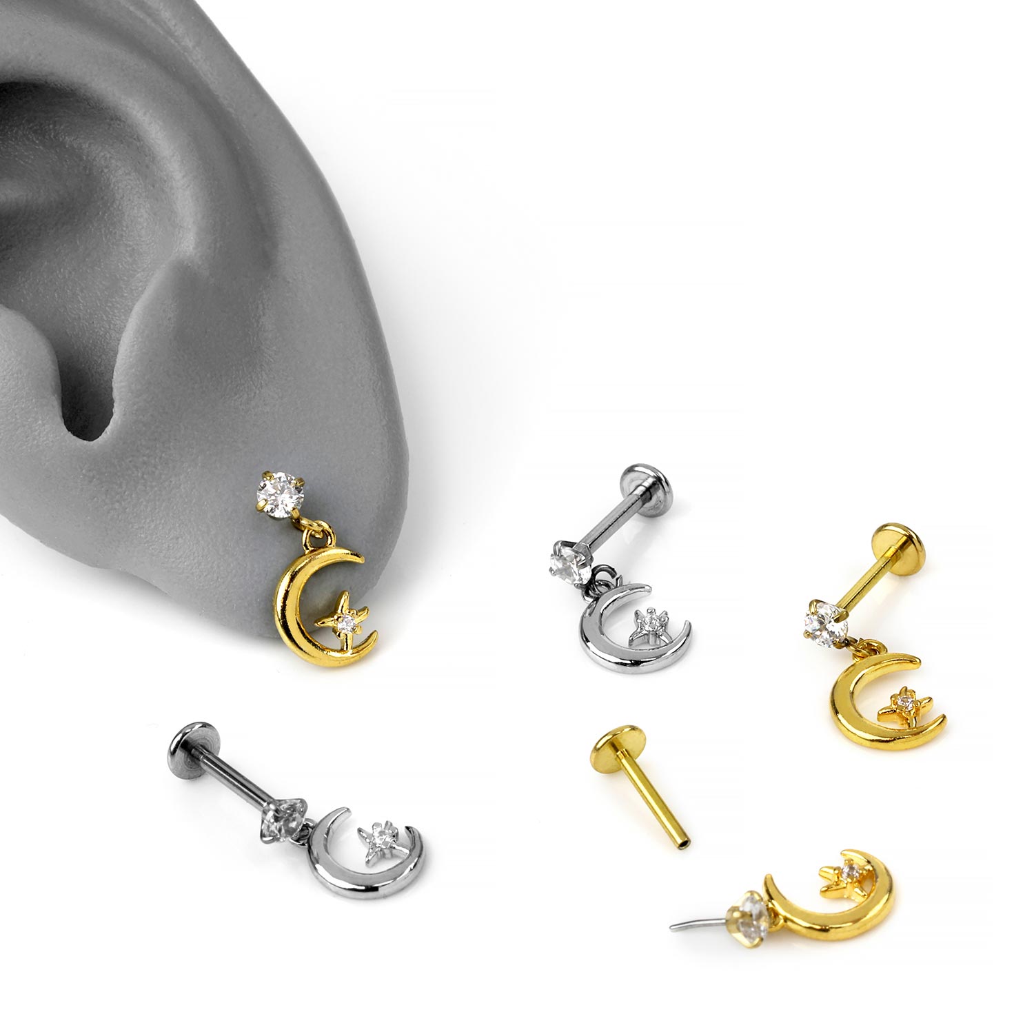 Steel Lunar Crescent Threadless Earrings