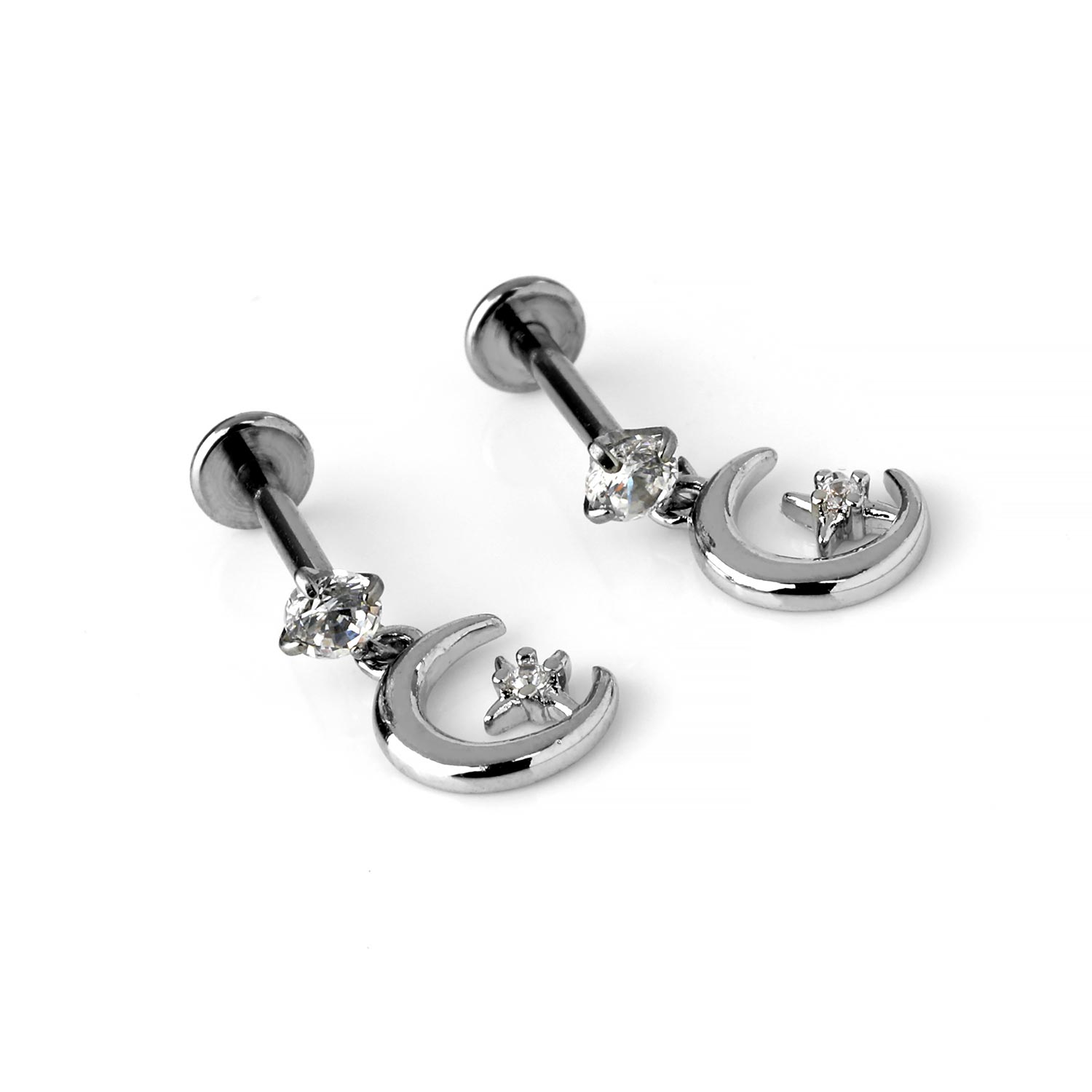 Steel Lunar Crescent Threadless Earrings