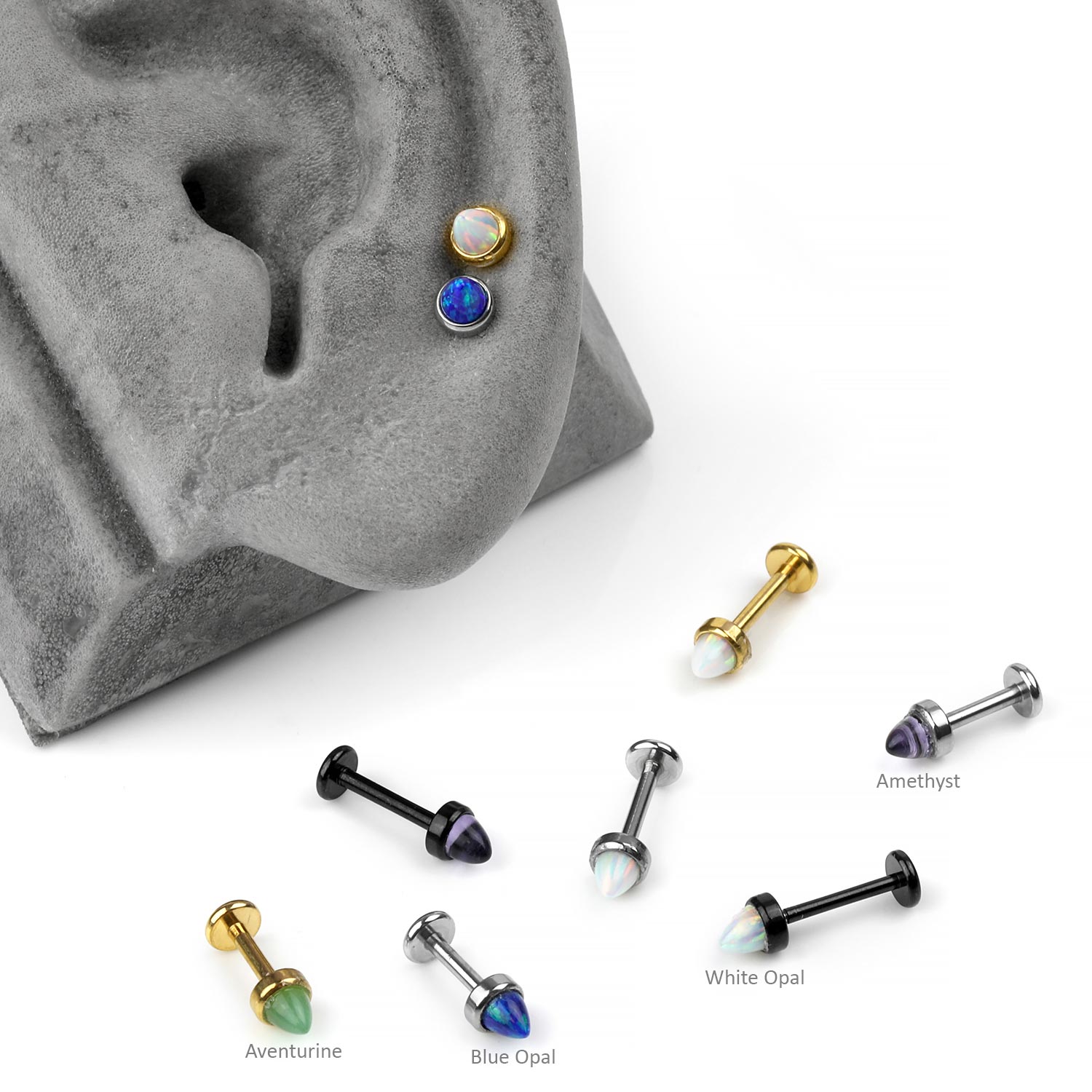 Bullet Labret With Stone End For Lip, Tragus, And Helix