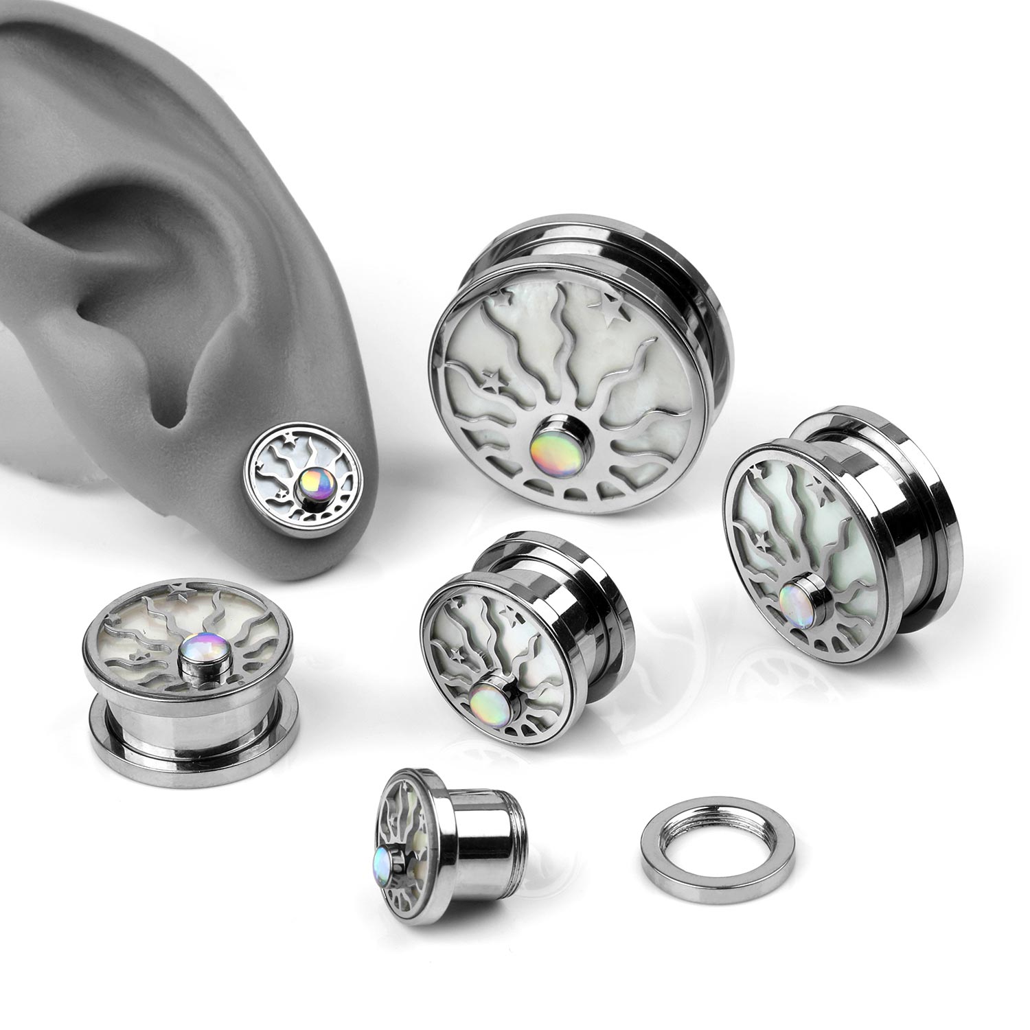 Ocean Tide Plugs: Stainless Steel With Shell & Glass