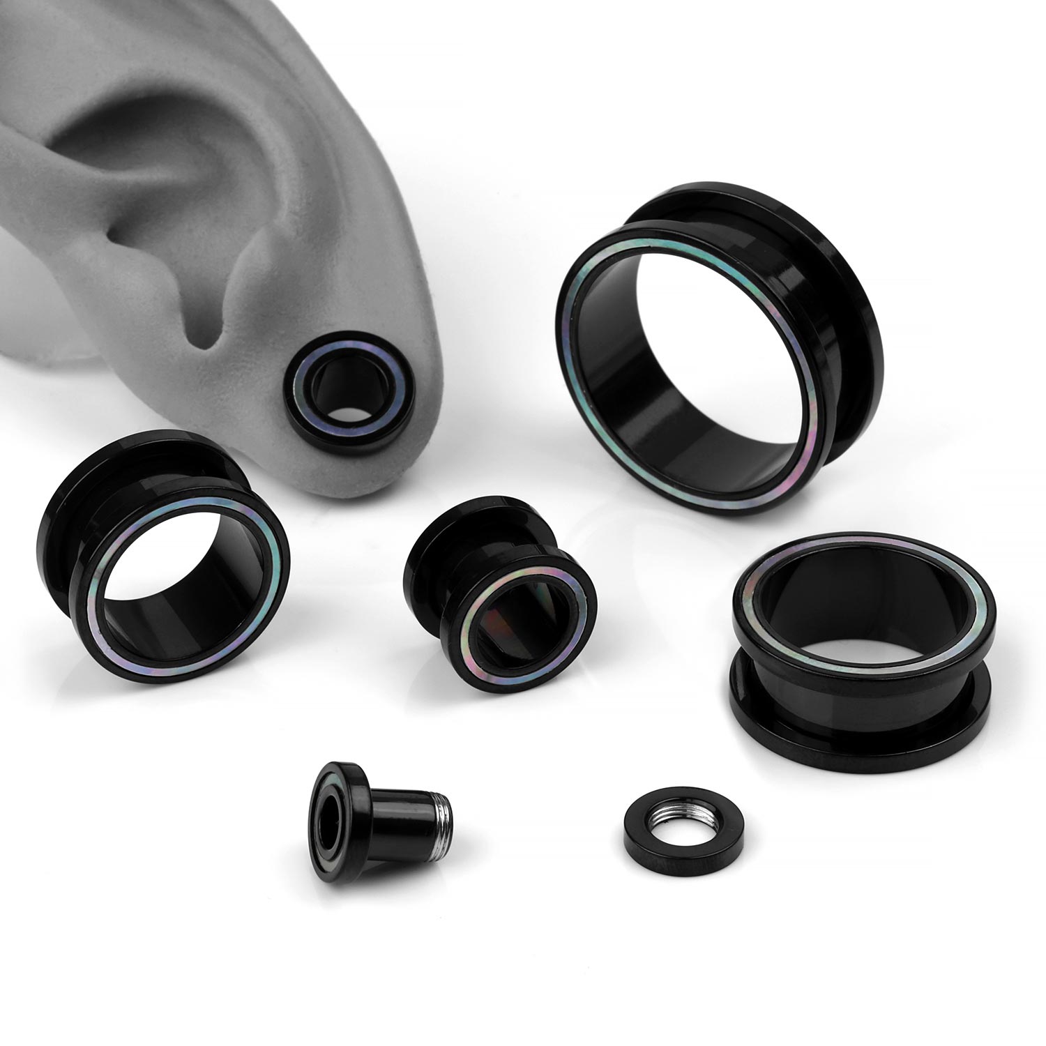 Black Steel Synthetic Pearl Screw On Ear Plugs