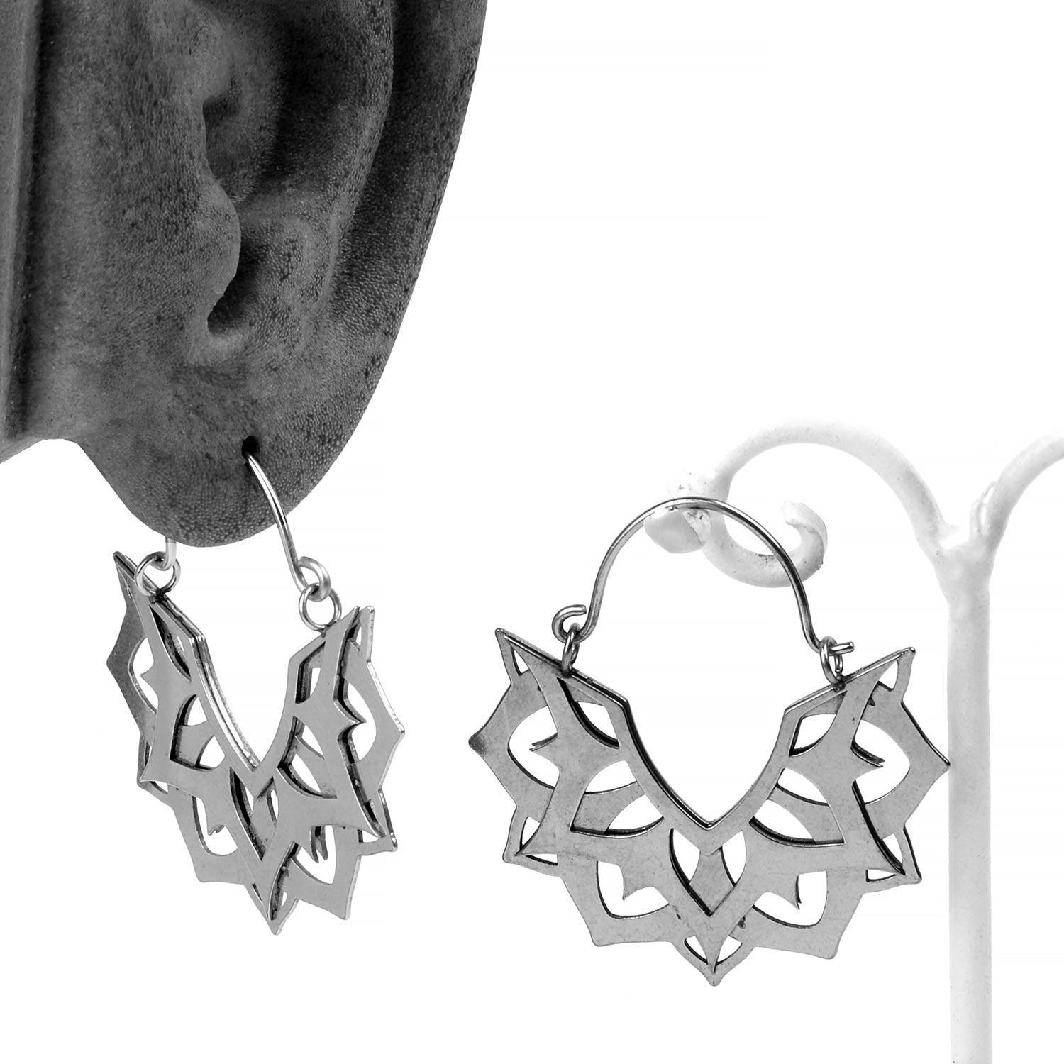 Steel Spiked Lotus Hoop Earrings For Lobe Piercing