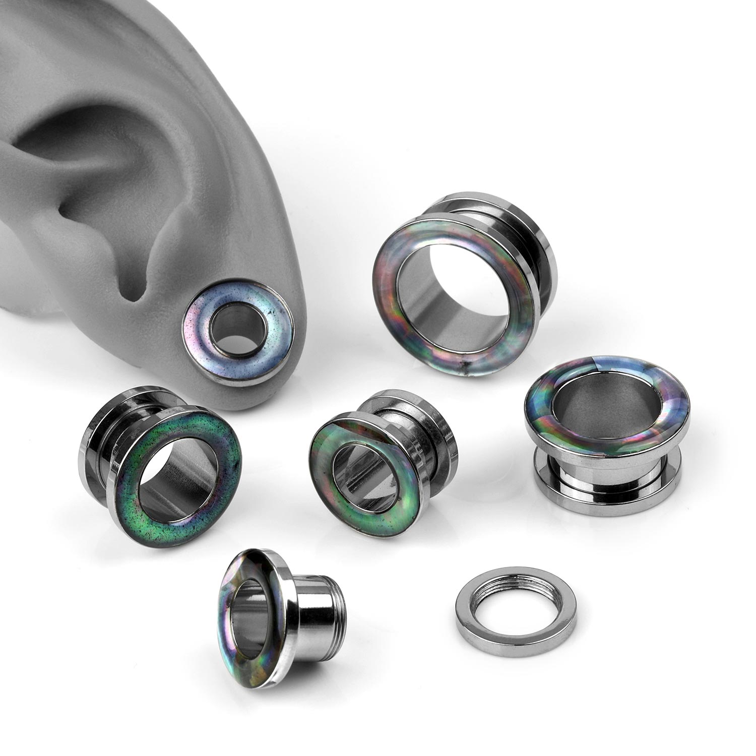 Steel And Synthetic Labradorite Eyelets For Stretched Lobes
