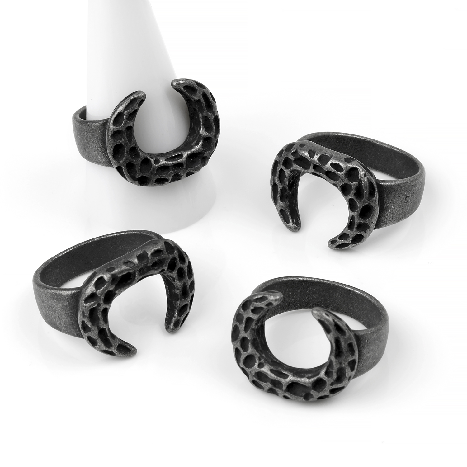 Textured Crescent Moon Finger-ring In Stainless Steel