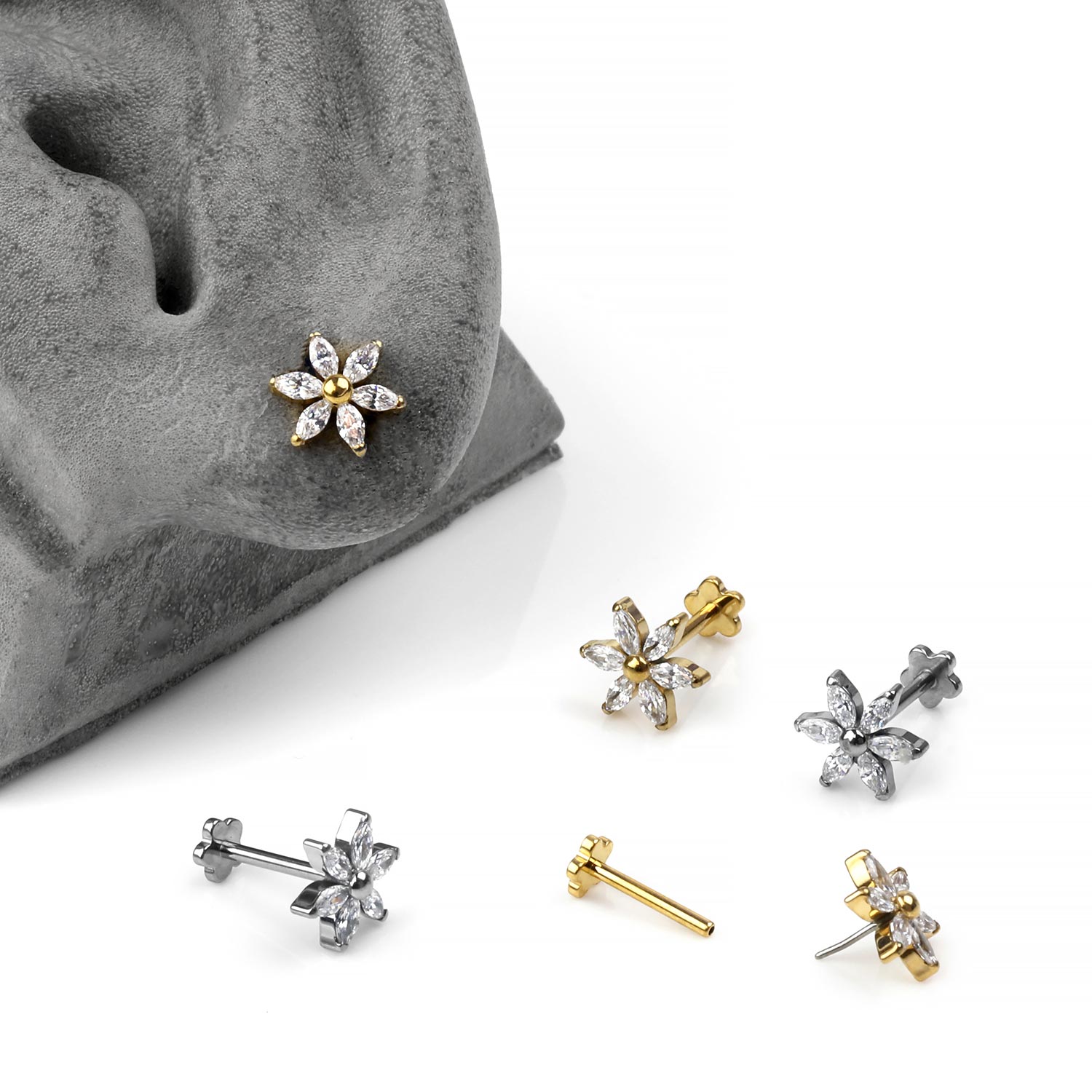 Titanium Threadless Gem Flower Earrings Piercings