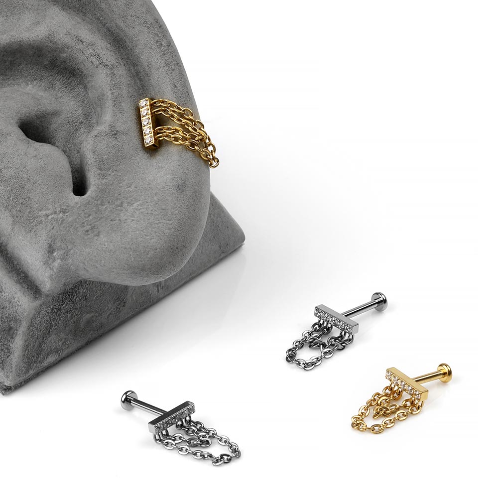 Titanium Labret Cz Set Rectangle With Double Chain