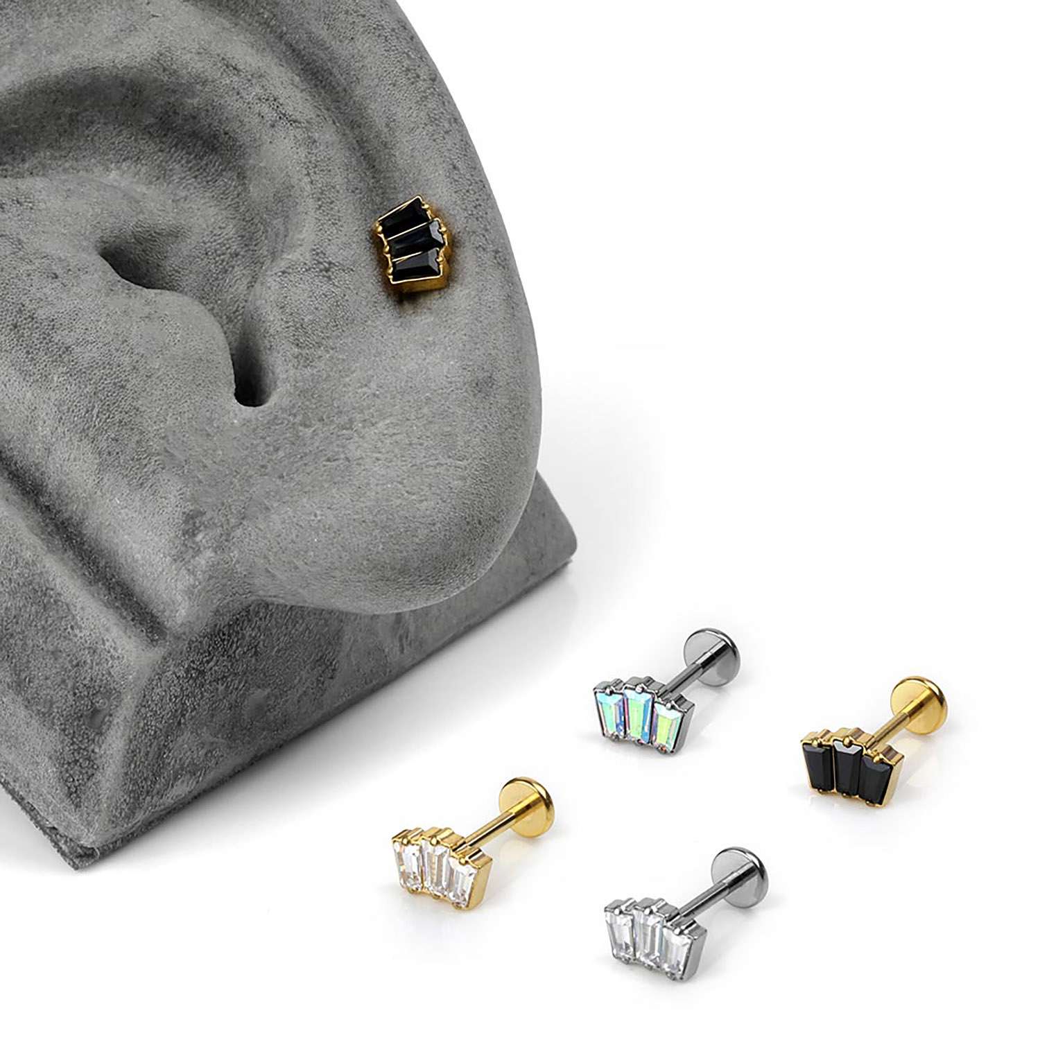 Titanium Triple Baguette Gem Threadless Labret