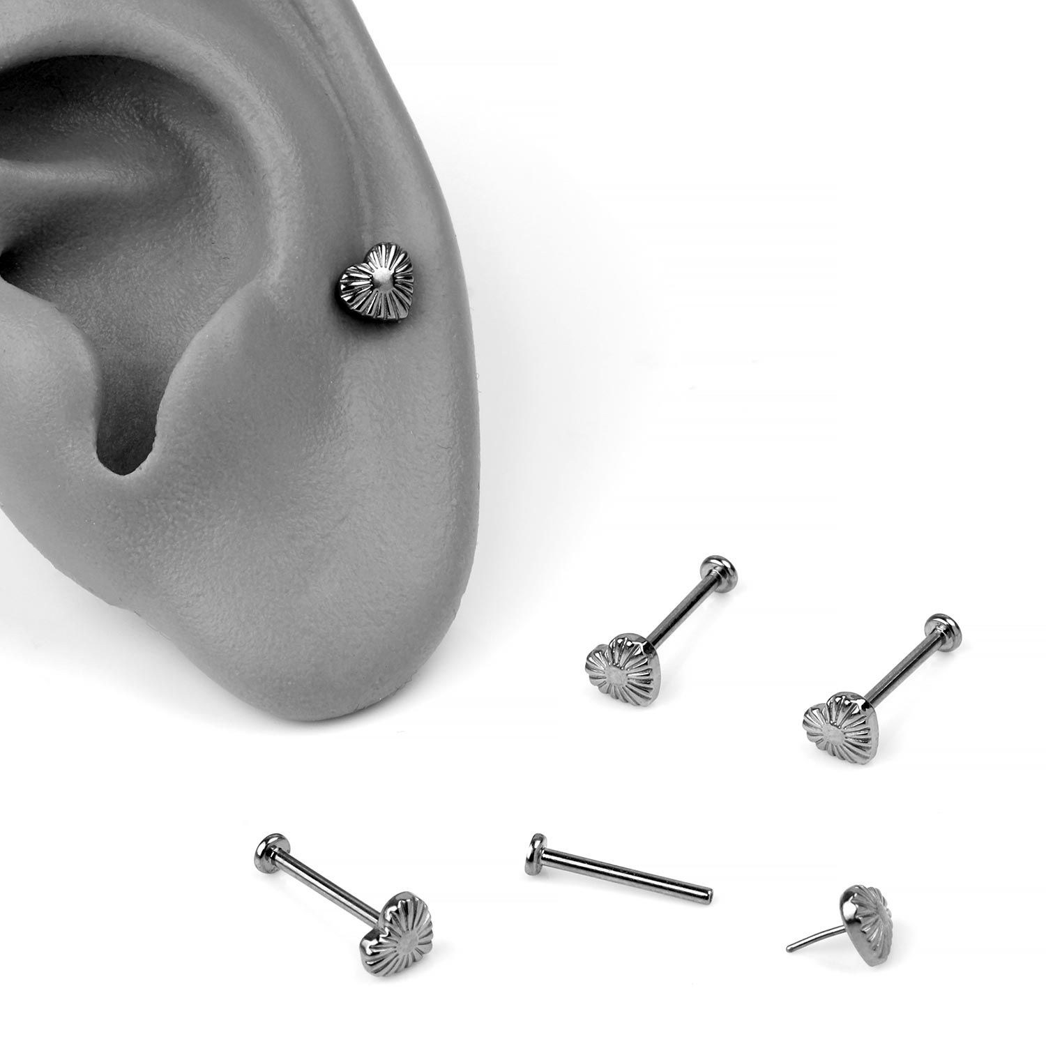 Embossed Titanium Threadless Heart Labret Corrugated