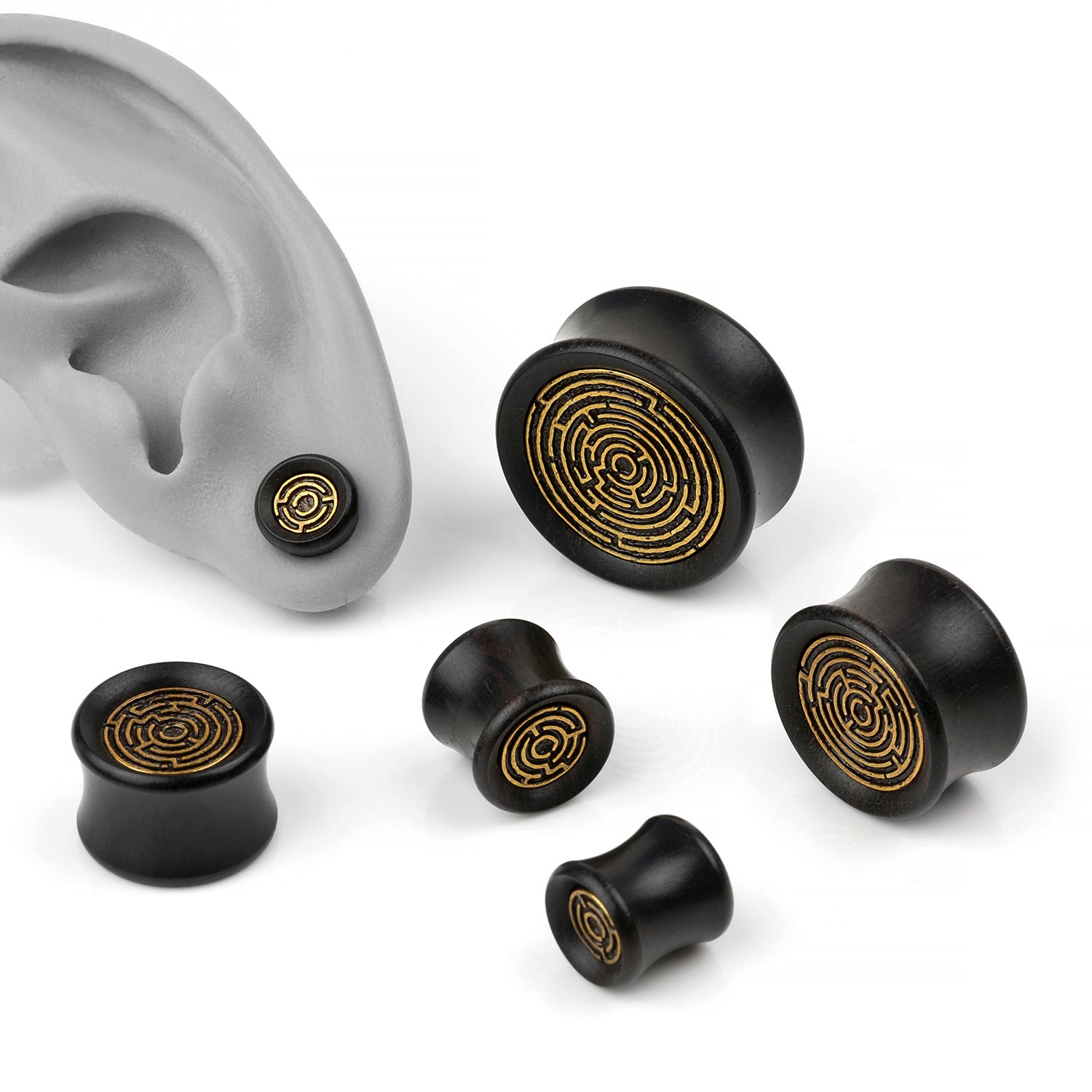 Double Flare Wood Plugs With Brass Labyrinth Inlay